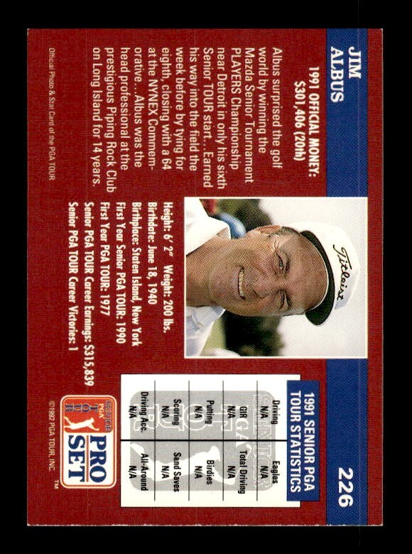 JIM ALBUS SIGNED 1992 PRO SET GOLF OFFICIAL PGA TOUR CARD #226 ON-CARD ...