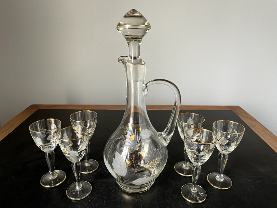 Vintage Wine Decanter SET Bottle 6 glasses Glass Gold etched Mid ...