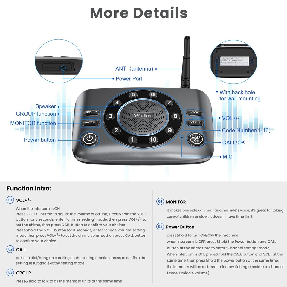 Wuloo 10-Channel FM Wireless Intercoms Two-Way Home Business ...
