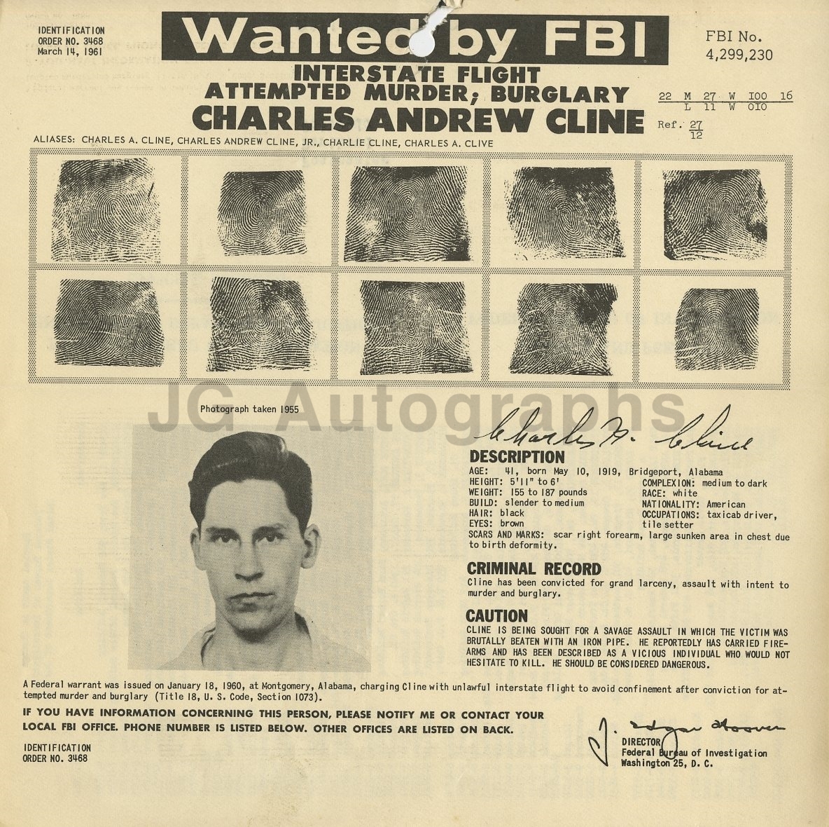 Wanted Notice - Charles Andrew Cline/Attempted Murder - Burglary - FBI ...