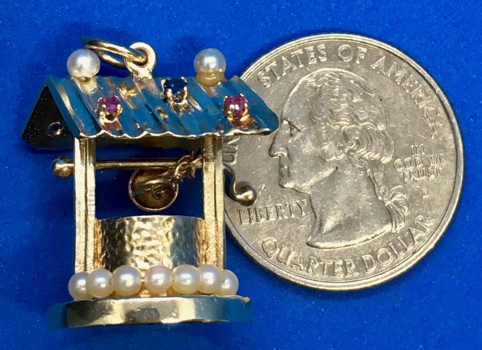 Large Vintage 14K Gold Articulated Wishing Well Pendant/Charm w Pearls ...