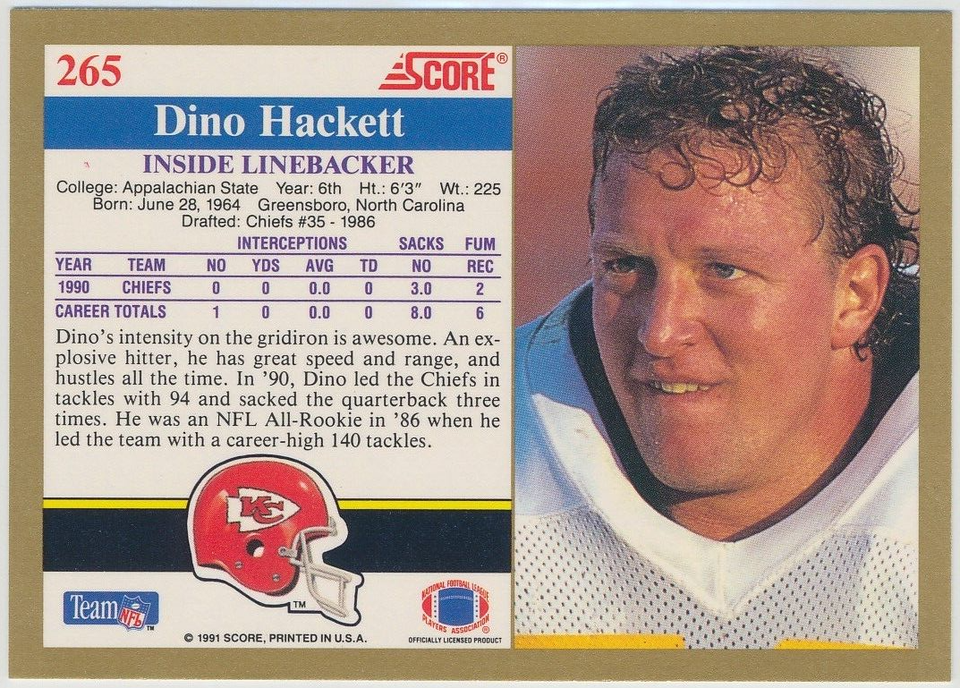 Dino Hackett - Kansas City Chiefs - 1991 Score Football - Base - #265 ...