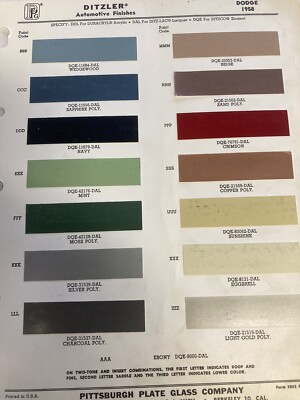 1958 DODGE AUTOMOTIVE P.P.G., DITZLER Exterior Paint Color Chip ...