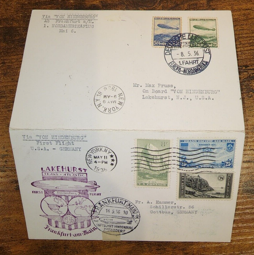 1936 NYC USA Hindenburg Zeppelin LZ 129 Dual Reply PC cover Max Pruss ...