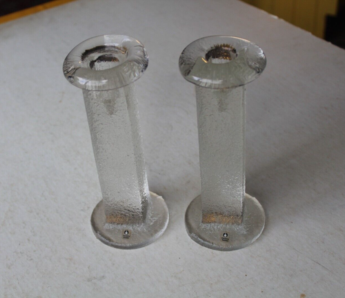 Pair of Vintage Pukeberg Ice Glass Column Candlestick Sweden 19cm w ...