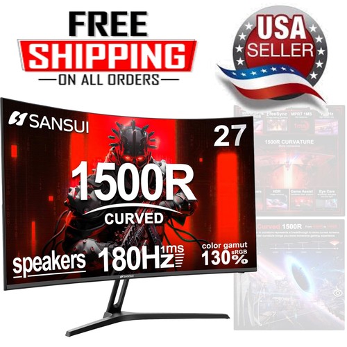 27 Inch Curved Gaming Monitor 180Hz 1ms with Speakers FHD 1080P ...