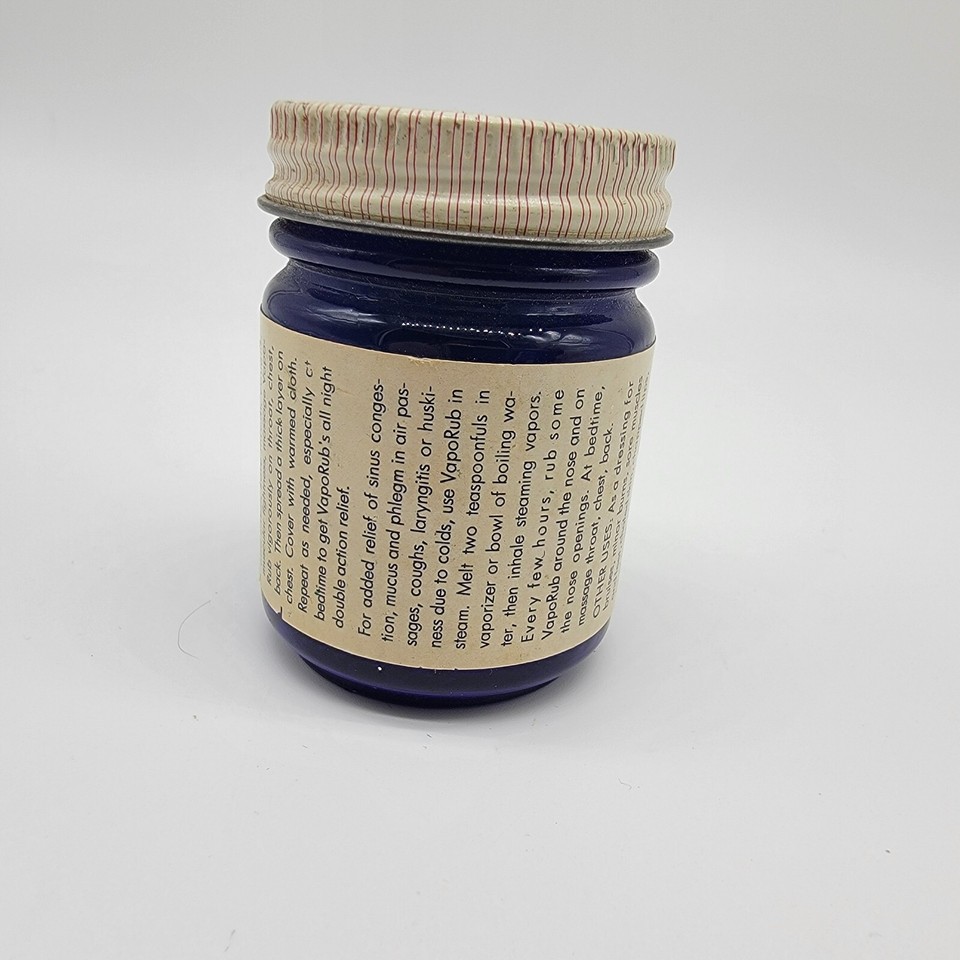 Vicks VapoRub Jar Cobalt Blue Glass Bottle w Label & Red White Tin Cap ...