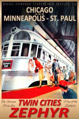 Twin Cities Zephyr Burlington Route Retro Railroad Train Poster Art ...