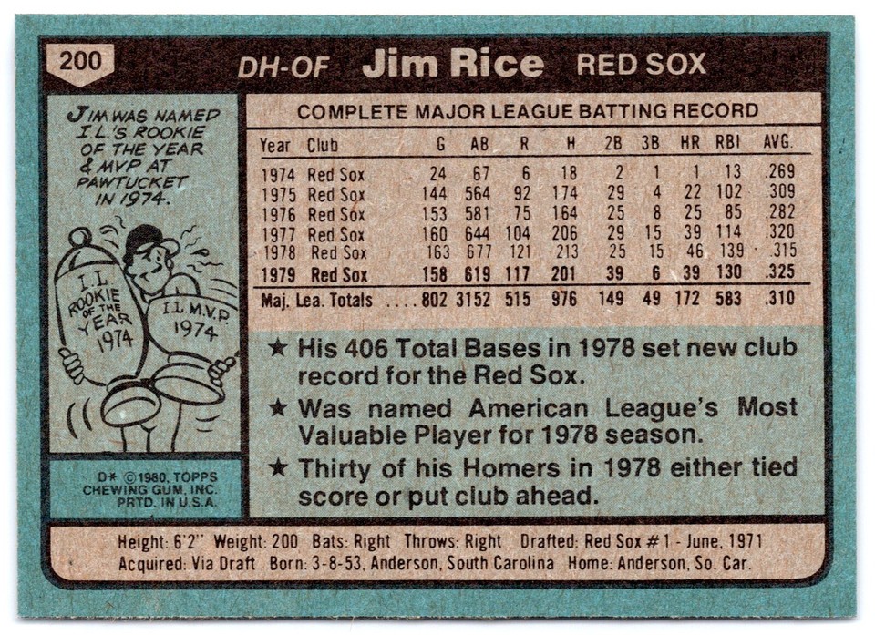 JIM RICE 1980 TOPPS 80 NO 200 NRMINT+ 45363 | eBay