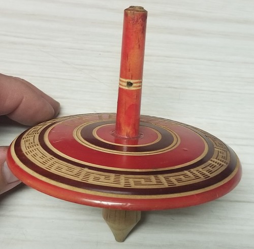 Vintage 4" Spinning Top Toy Handmade Carved Painted Solid Wood-Red / K4 ...