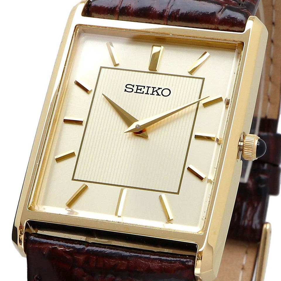 SEIKO SWR064 Square Design Champagne Gold Dial x Brown Leather Band ...