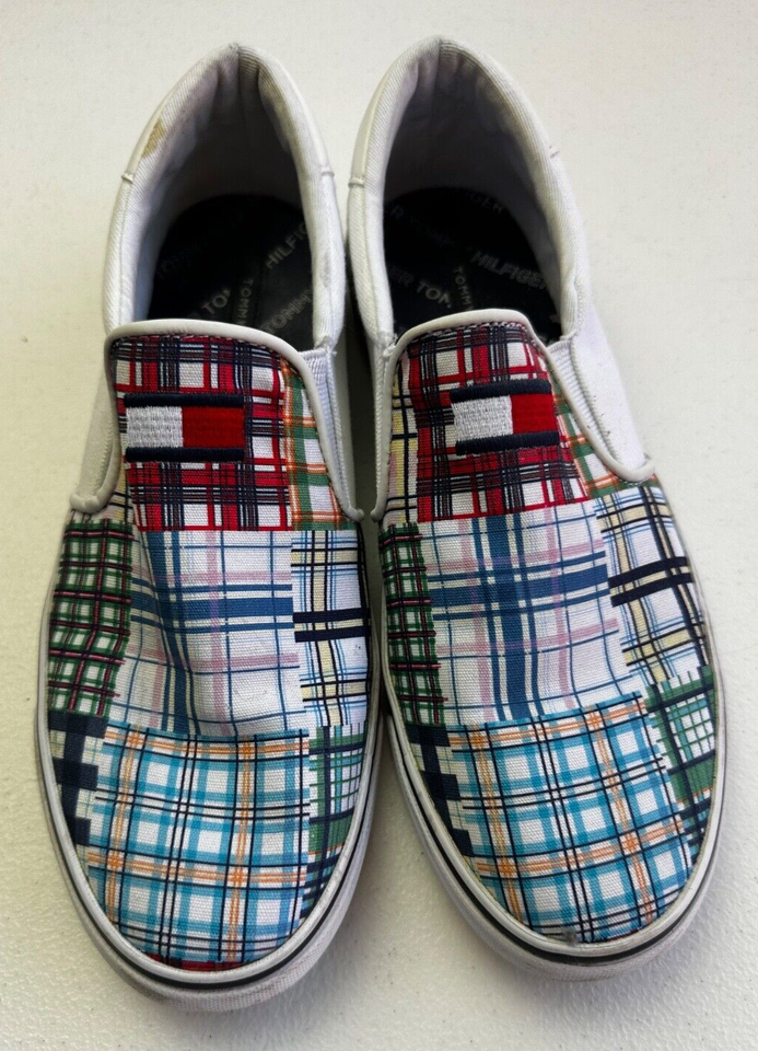 Tommy Hilfiger OAKLYN Plaid Slip-On Shoes Embroidered Flag Logo Womens ...