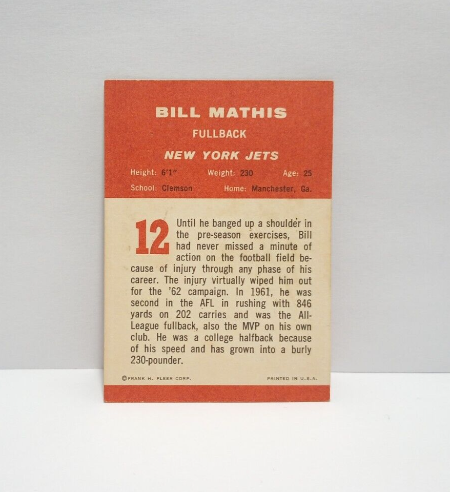 Bill Mathis 1963 Fleer #12 Football Card New York Jets | eBay
