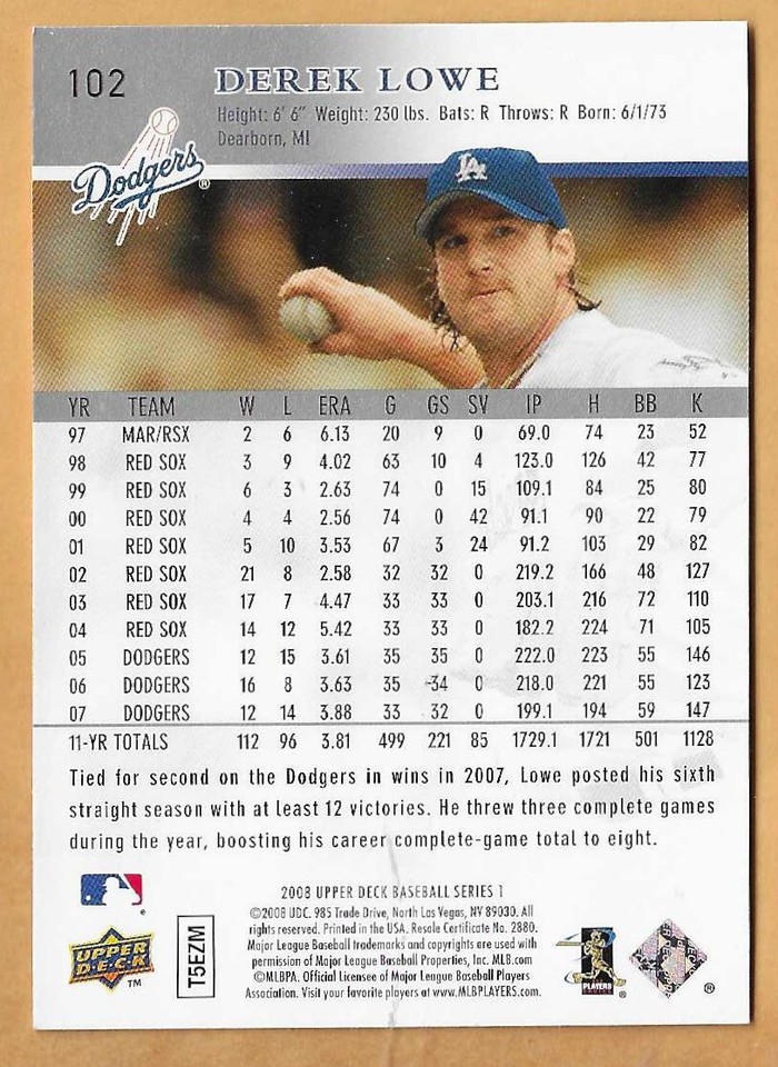 DEREK LOWE LOS ANGELES DODGERS #102 - UPPER DECK NM-MT 2008 | eBay