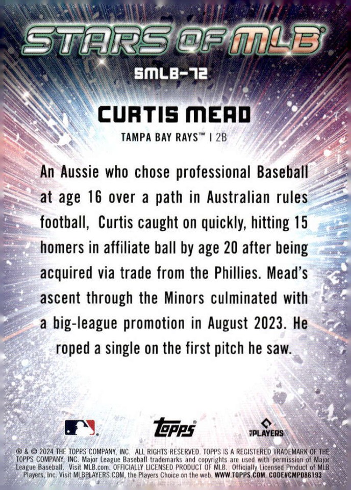 CURTIS MEAD RC 2024 Topps Update Stars of the ROOKIE MLB #SMLB-72 ROOK ...