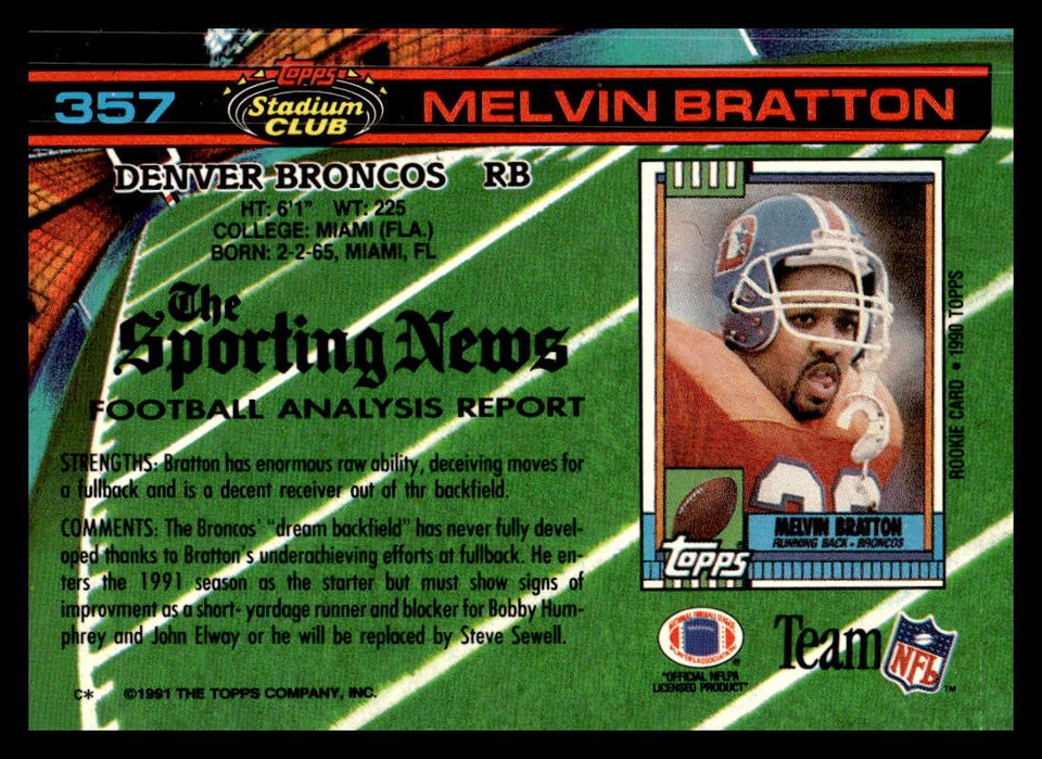 1991 Stadium Club #357 Melvin Bratton Denver Broncos | eBay