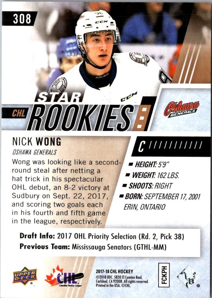 2017-18 Upper Deck CHL Nick Wong Rookie Oshawa Generals #308 | eBay