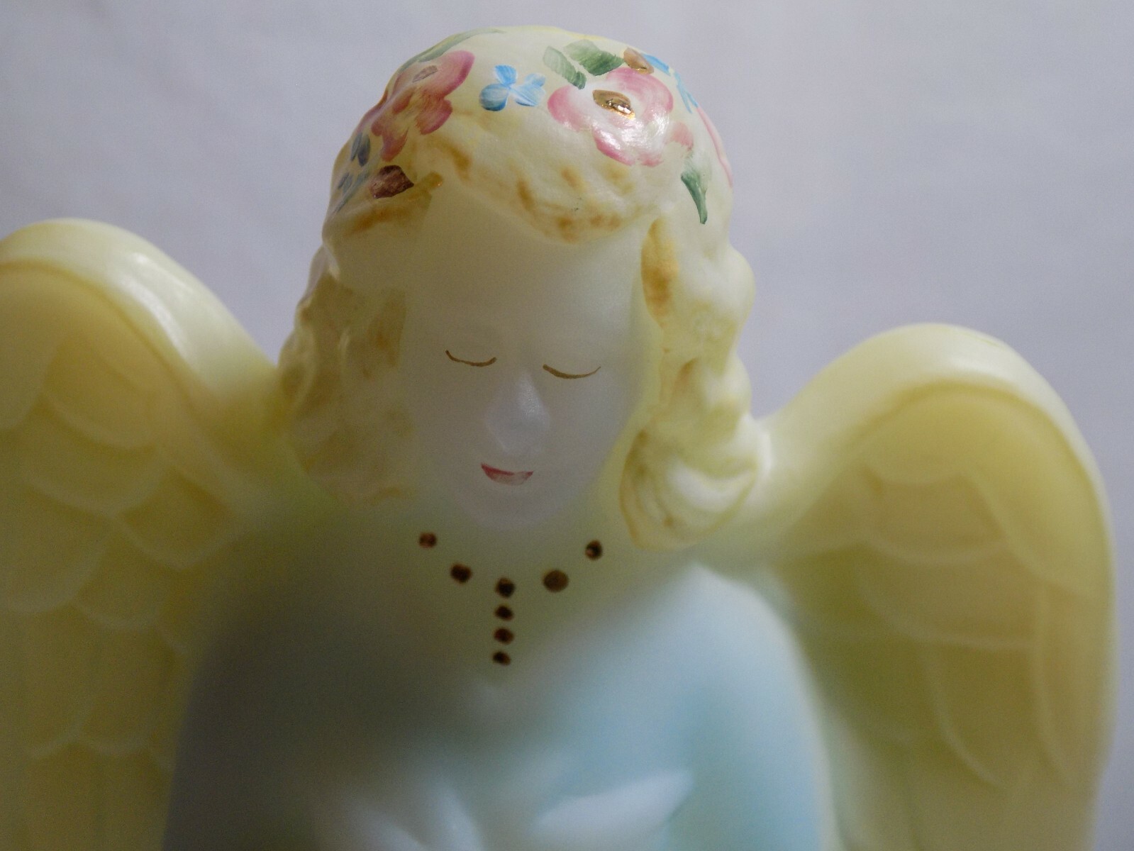 Fenton Angel Figurine White Opal Satin Glass HP Floral H 8” QVC Made in ...