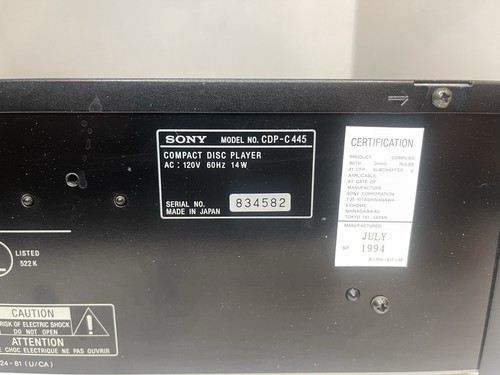 Sony CDP-C445 5 Disc Cd Carousel Changer Compact Disc Player No Remote ...