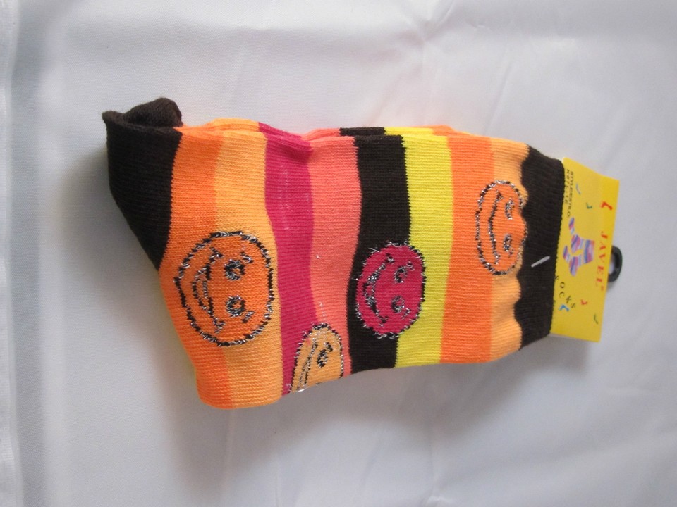 Womens Striped Smiley Face Multi Colored Crew Socks Sz 9-11 Brown Trim ...