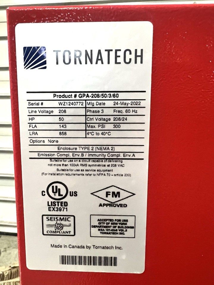 TORNATECH Fire Pump Controller GPA-208/50/3/60 50HP 300PSI 3-Phase, NEW ...