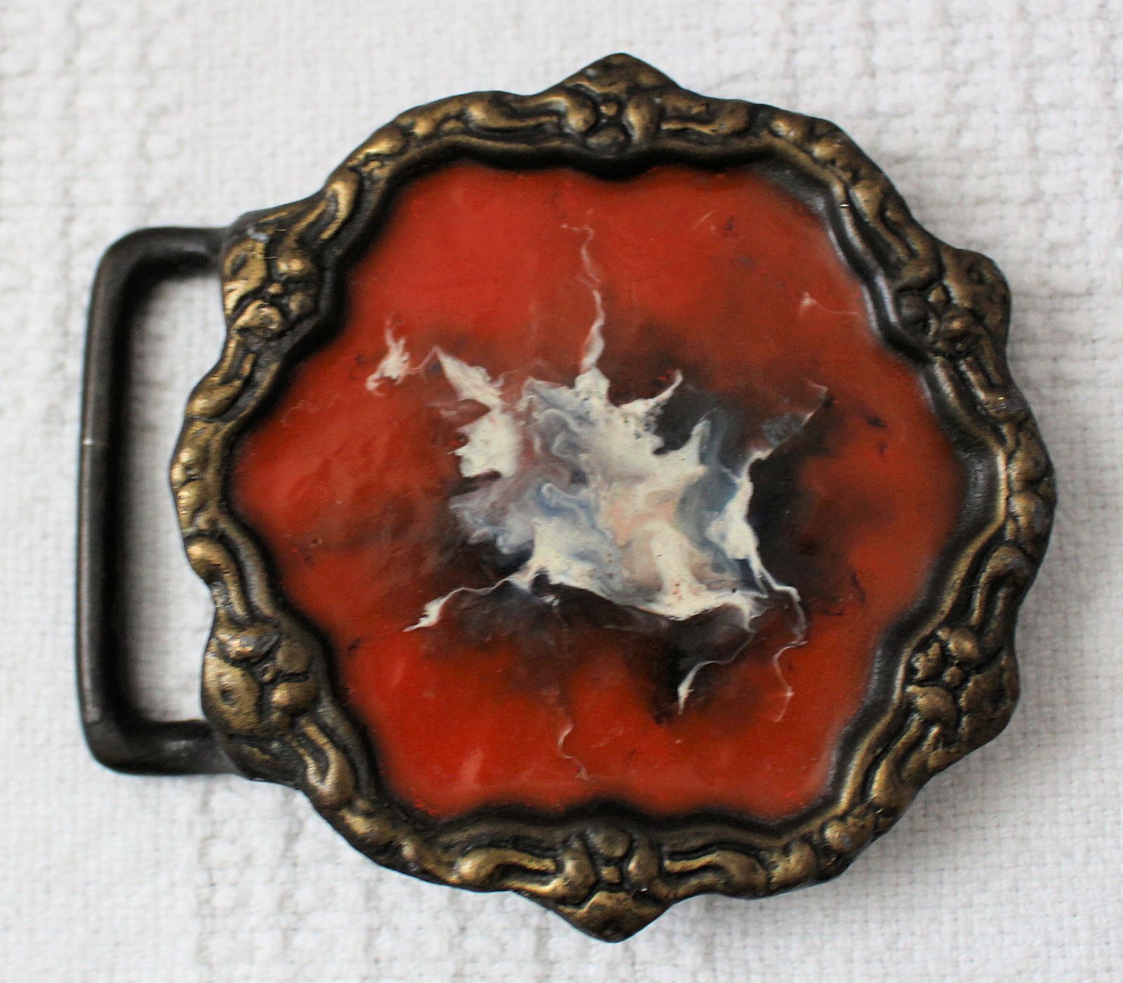 Vintage Belt Buckle with Scalloped Edges, Red Background and Center ...