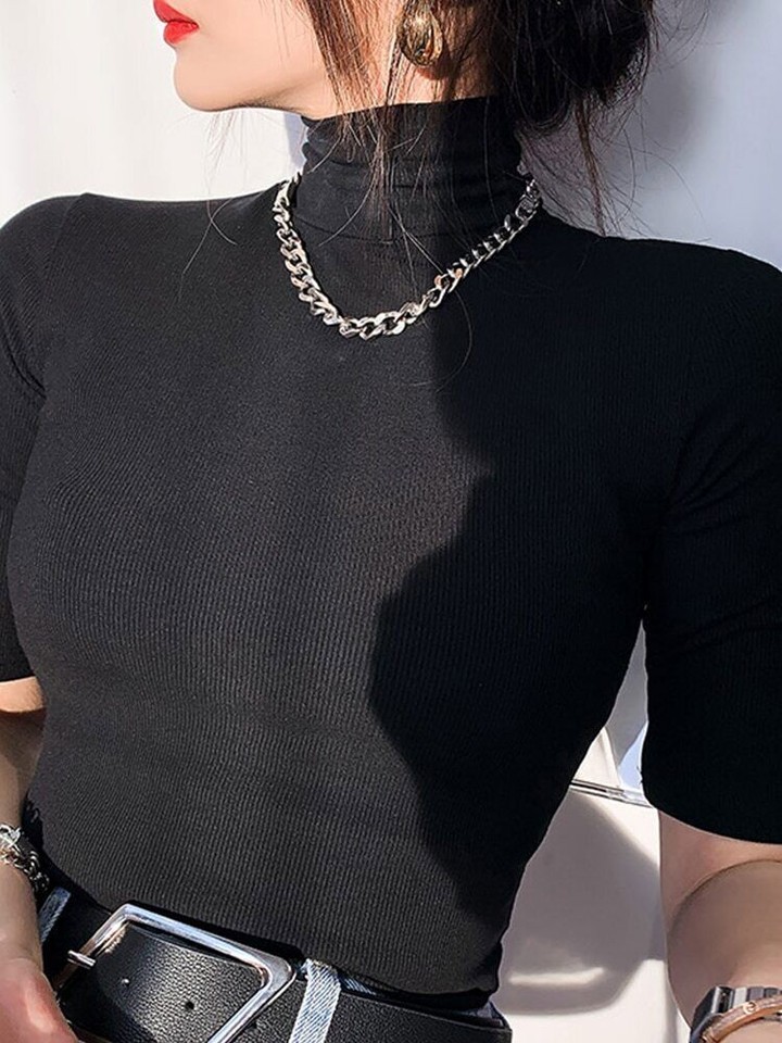 Basic Cotton T Shirt Turtleneck Slim Tshirt Short Sleeve T-shirts ...