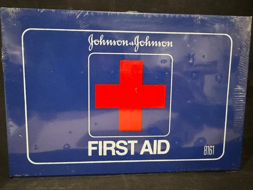 SEALED VINTAGE WALL MOUNT JOHNSON & JOHNSON FIRST AID KIT BLUE METAL ...