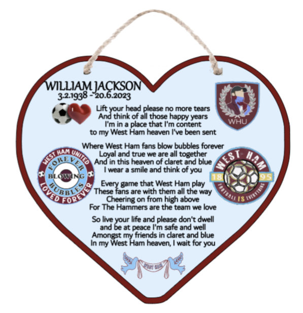 WEST HAM MEMORIAL POEM METAL HEART SIGN PLAQUE - PERSONALISED | eBay UK