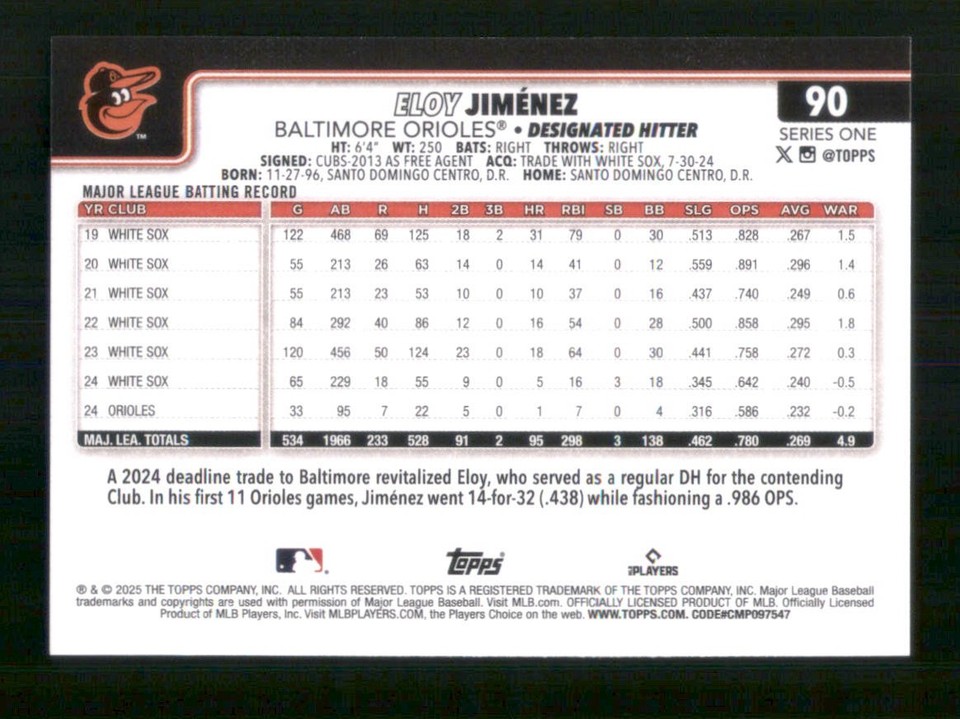 2025 Topps #90 Eloy Jimenez Baltimore Orioles 38141 | eBay