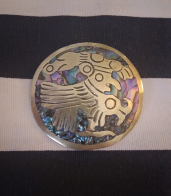 Vintage Brass Mexico Abalone Large Aztec Bird Brooch Pin Pendant | eBay