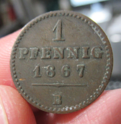 1867-B Old Germany Waldeck-Pyrmont 1 Pfennig Copper Coin, 1.48g ø 17mm ...