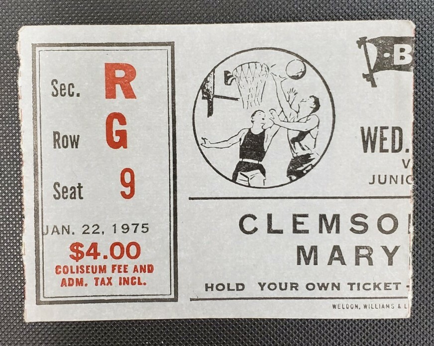Clemson Maryland Basketball Ticket Stub 1/22 1975 Tree Rollins John ...