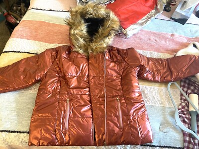 Fashion Women’s Shiny Copper Puffer Coat With Faux Fur Hoodie Brand New ...
