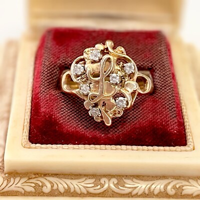 Vtg Estate 10k Yellow Gold 7 CZ cursive letter Initial “L “ Ring Sz 6. ...