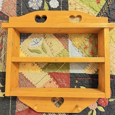 VTG Country Farmhouse Solid Wood Cubby Wall Shelf Heart Cutout 20” Tall ...