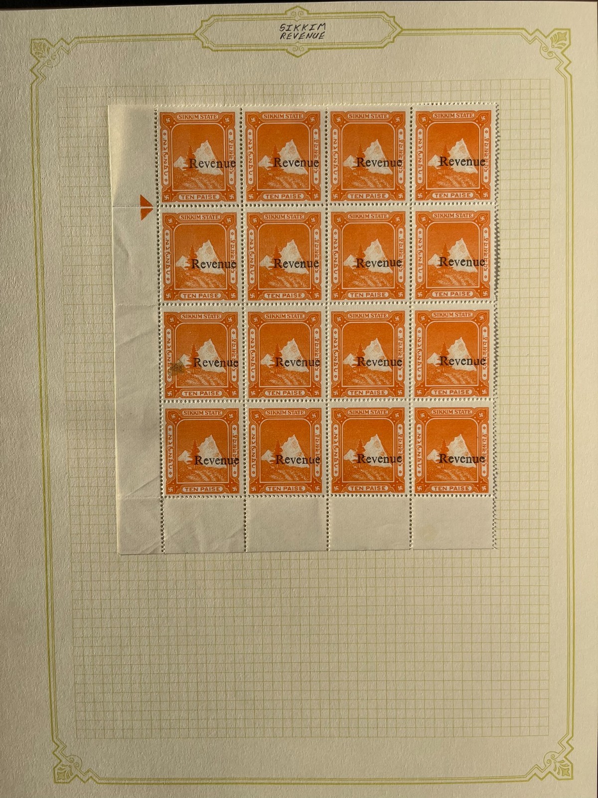India Sikkim Revenue Stamps block of 16 unused on Simplex album leaf ...