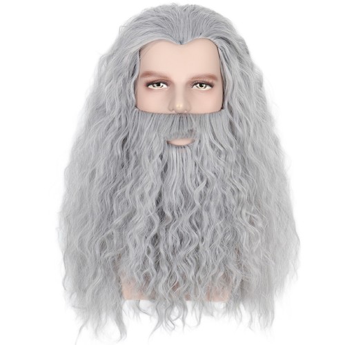Man Grey Wizard Wig and Fake Beard Long Curly Old Man Wig for Party ...