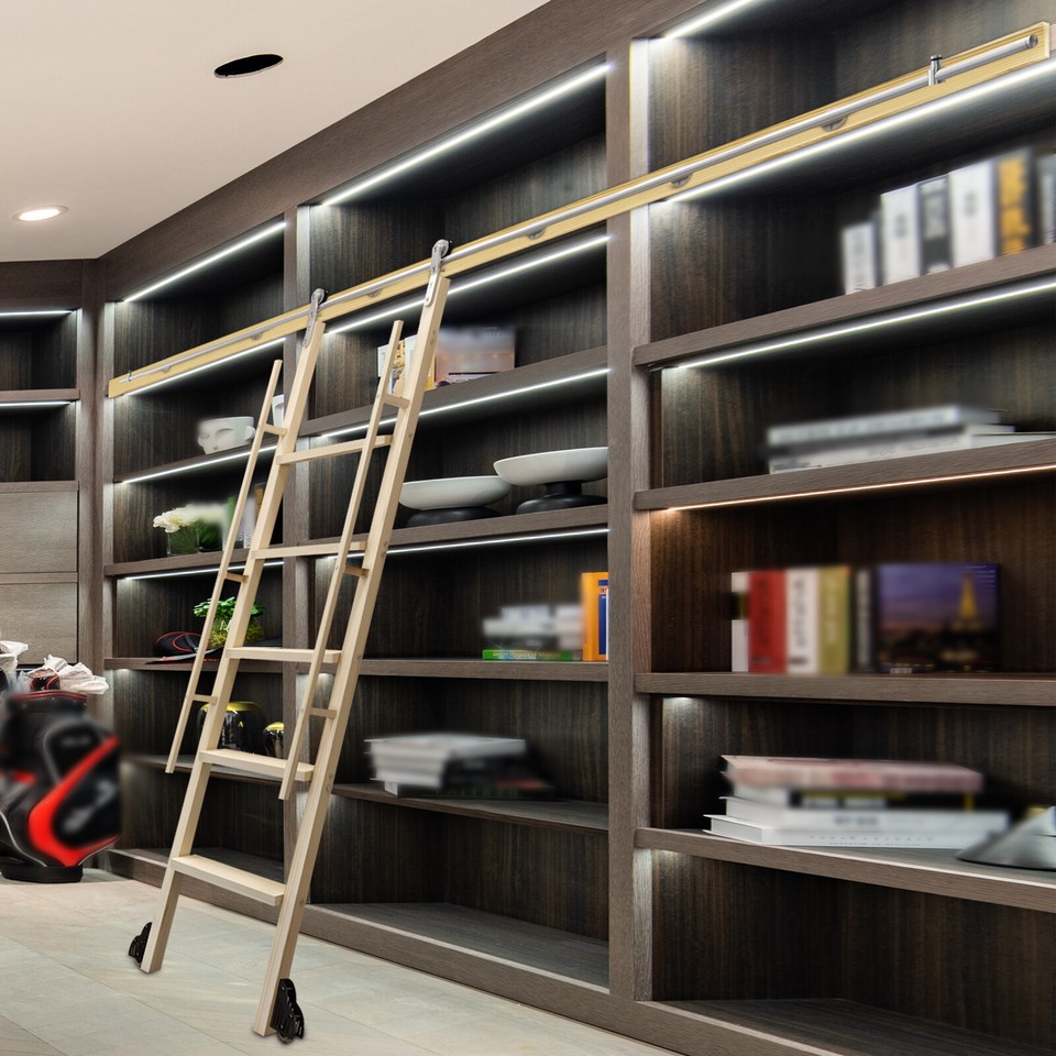 10-foot Stainless Steel Rolling Wooden Ladder Moving Slide Rust-proof ...