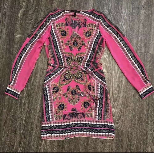 BCBG Max Azria Dress “FREYA" Pink Paisley Long Sleeve Short Party Dress ...