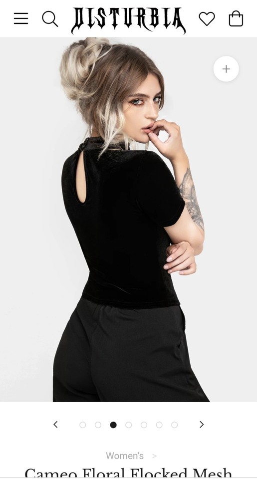 Disturbia Black Cameo Floral Flocked Mesh Velour High Neck Top Size 16 ...