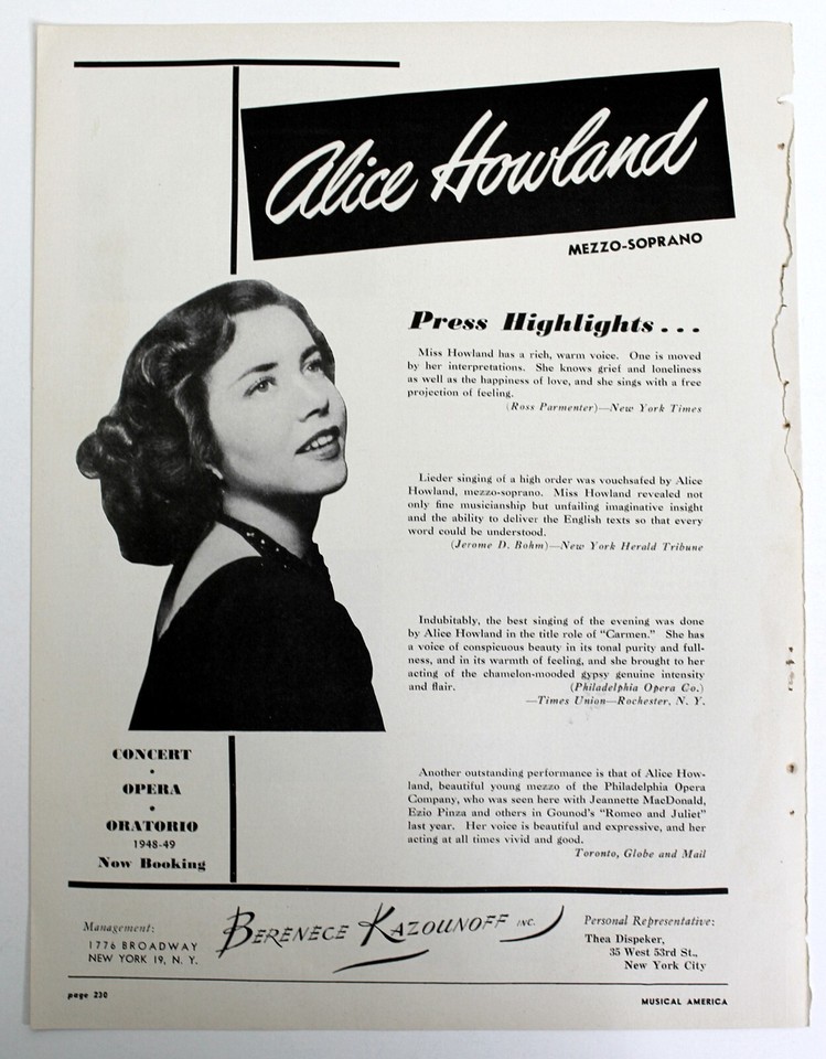ALICE HOWLAND Mezzo Soprano 1940s Booking Ad Concert and Orchestra ...
