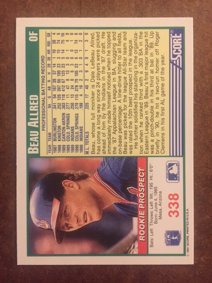 Beau Allred 338 Rookie Prospect Score 1991 MLB Baseball Trading Card | eBay