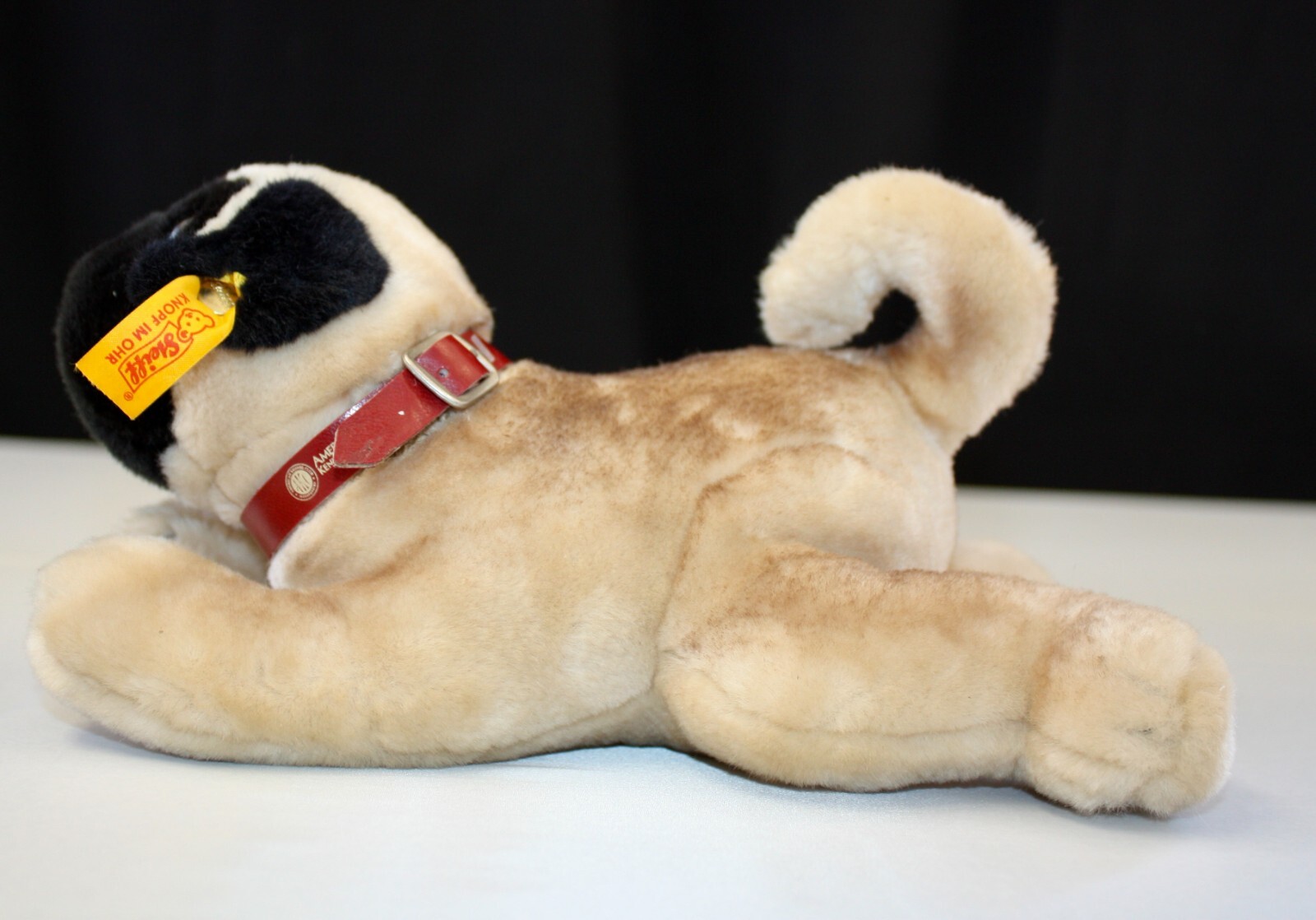 STEIFF PUG DOG “MOPS” Lying Down Wearing American Kennel Club Collar ...