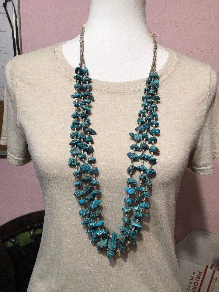 Vintage Turquoise three strand Long 36” Necklace, old turquoise Nuggets ...