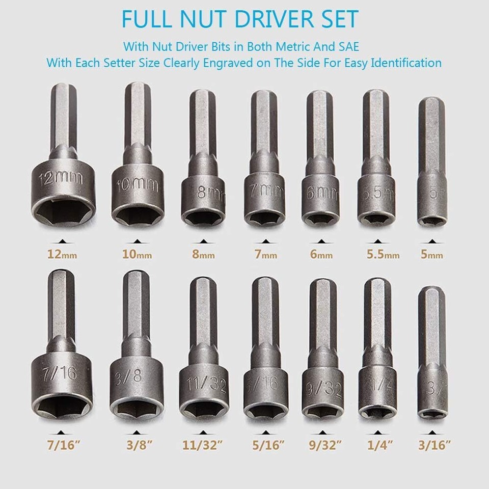 14Pcs Power Nut Driver Drill Bit Set, 1/4” Hex Bolt Drivers Repairing ...