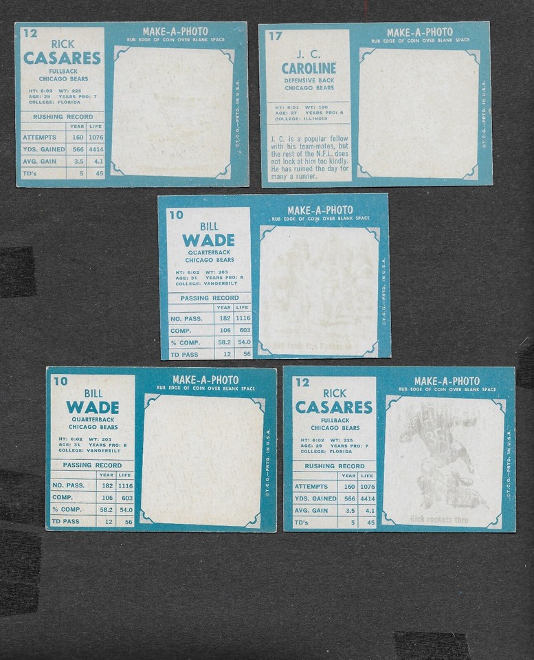 5 Chicago Bears 1961 Topps FB VG-EX Wade (2)/ Casares (2)/ J.C ...