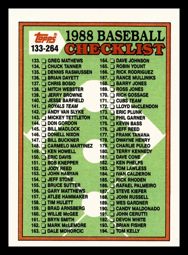 1988 Topps Baseball Checklist 133 - 264 Robin Yount HOF #253 Near Mint ...