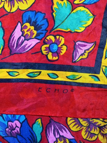 ECHO Red Blue Floral Silk Scarf 30" Square Neck Head Colorful Pink ...