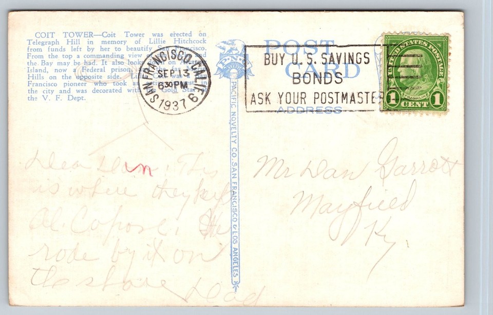 Vintage Coit Tower Telegraph Hill San Francisco Postcard 1937 | eBay